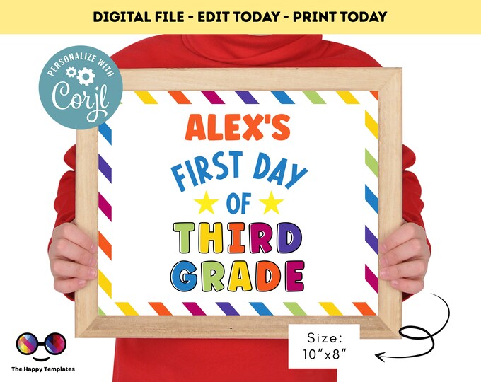 Editable First Day of 3rd Grade Sign, PRINTABLE School Sign for Kids ...