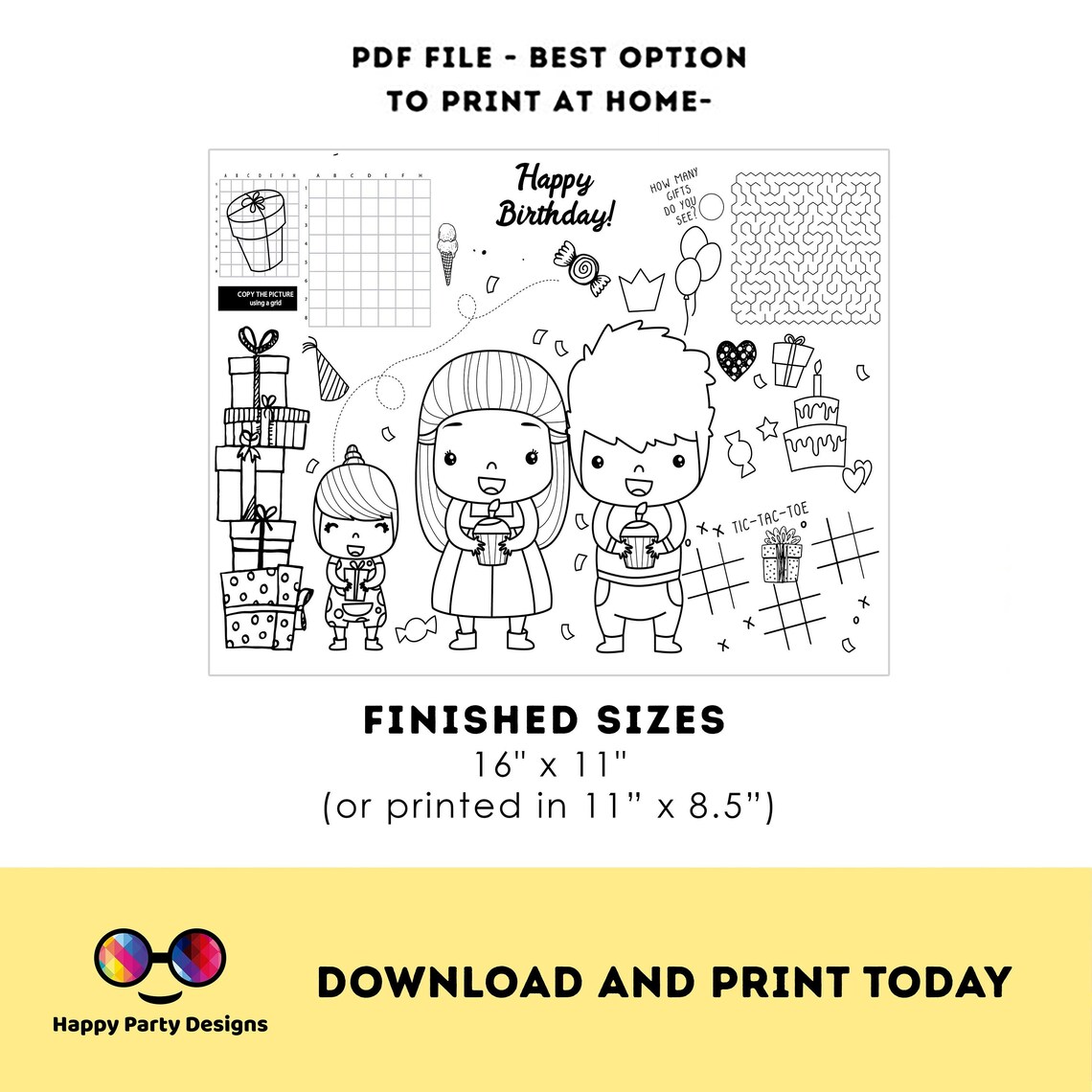 Printable Happy Birthday Party Coloring Page | Birthday Activity ...