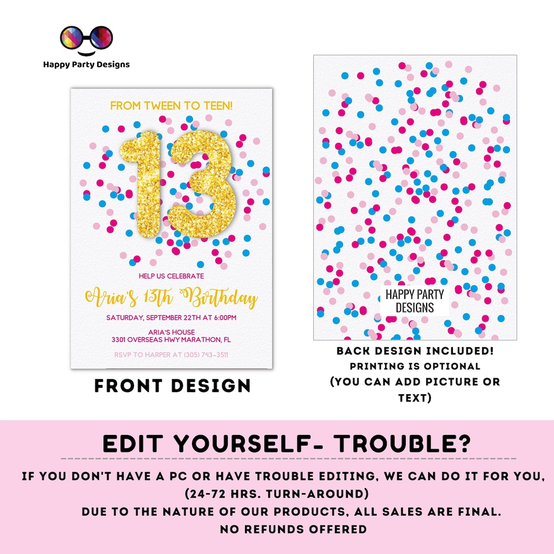 EDITABLE Girl 13th Birthday Invitation | Golden Glitter Party ...