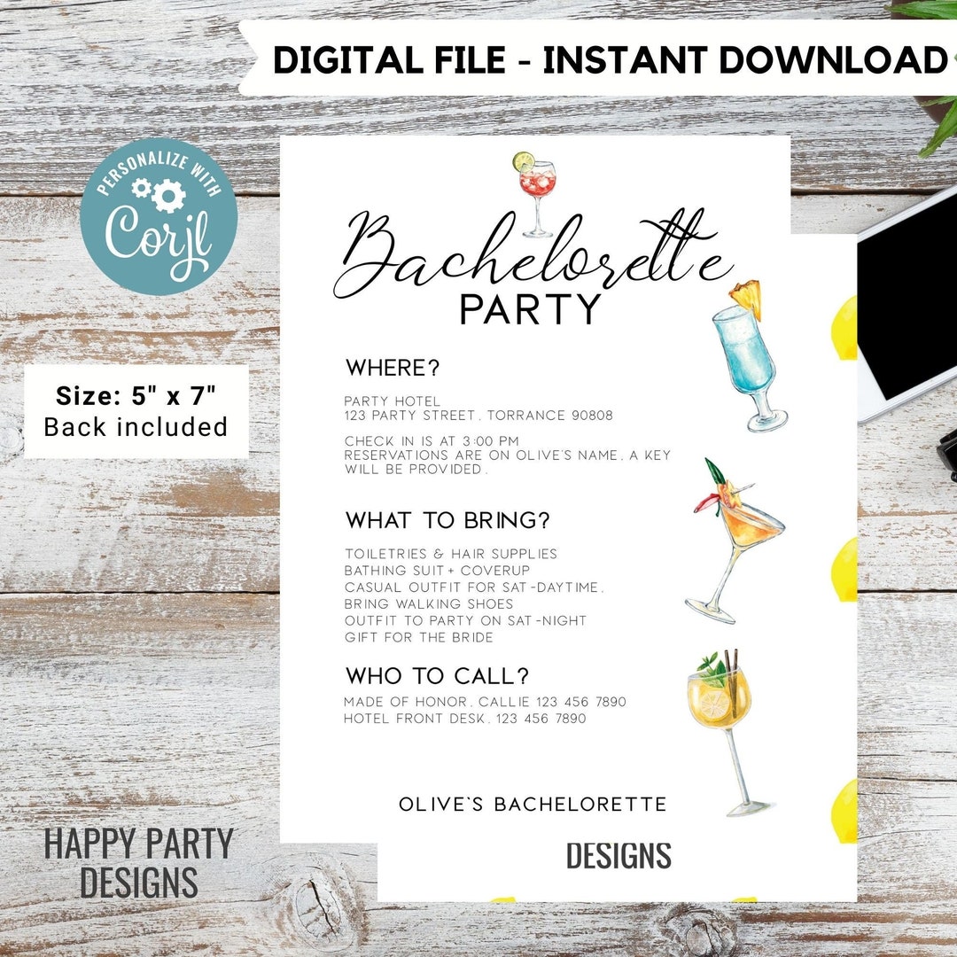 Editable Minimalist Cocktails Bach Invitation | Bridal Party Invitation ...