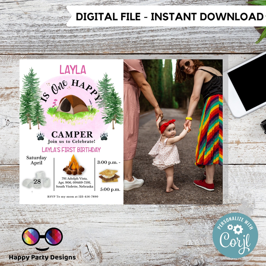 Editable Happy Camper Birthday Photo Invitation | One Happy Camper ...