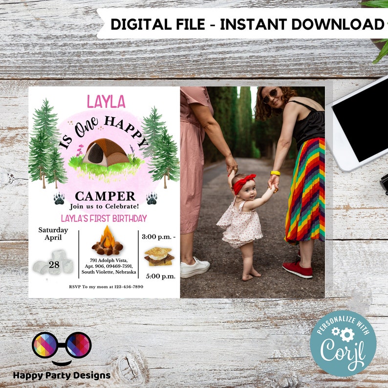 Editable Happy Camper Birthday Photo Invitation One Happy - Etsy