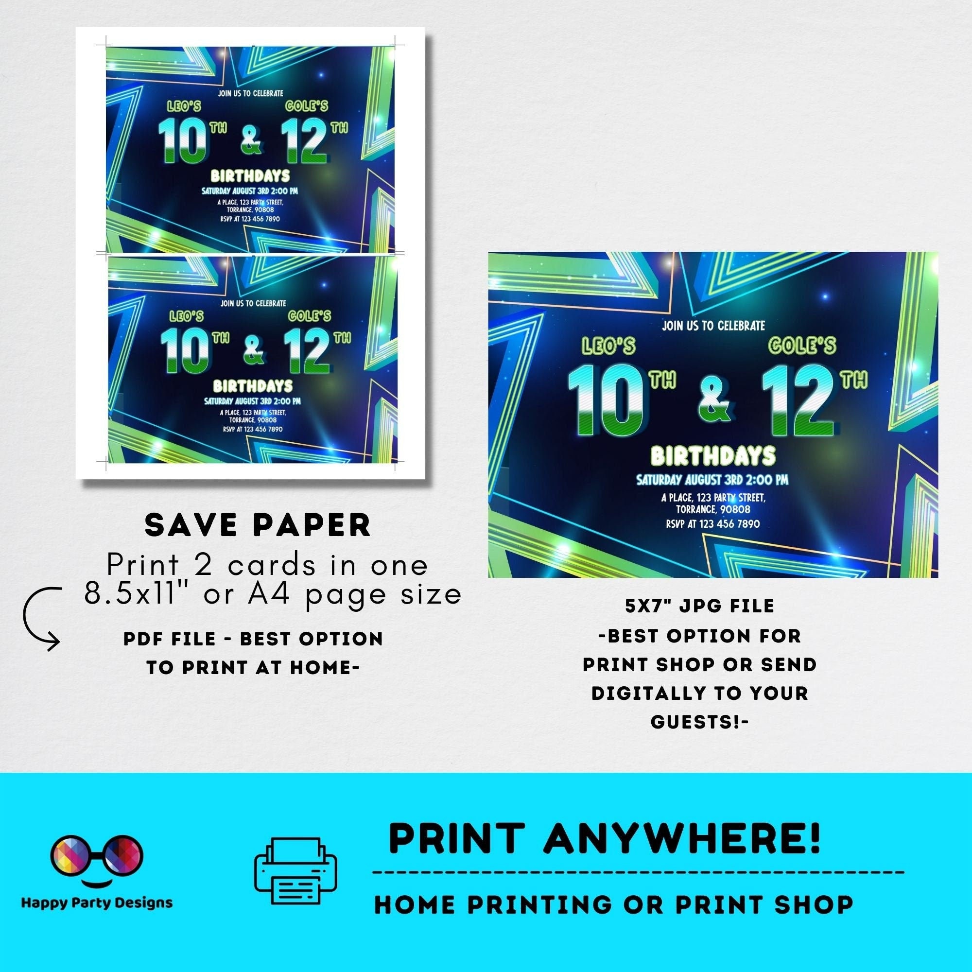 EDITABLE Neon Sibling Birthday Invitations | Any Age! Double Birthday ...