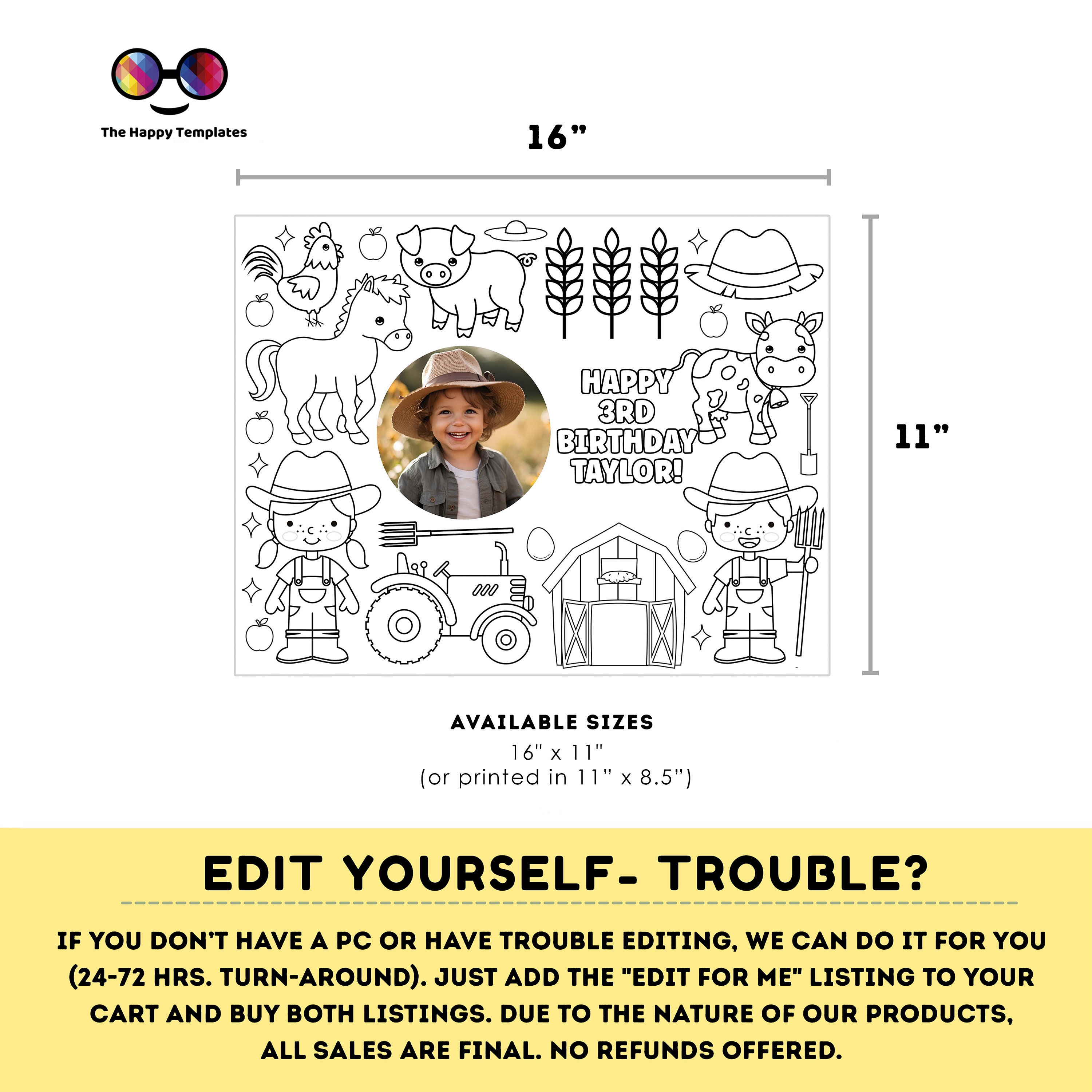 Editable Farm Kids Coloring Page With Picture Farm Birthday - Etsy