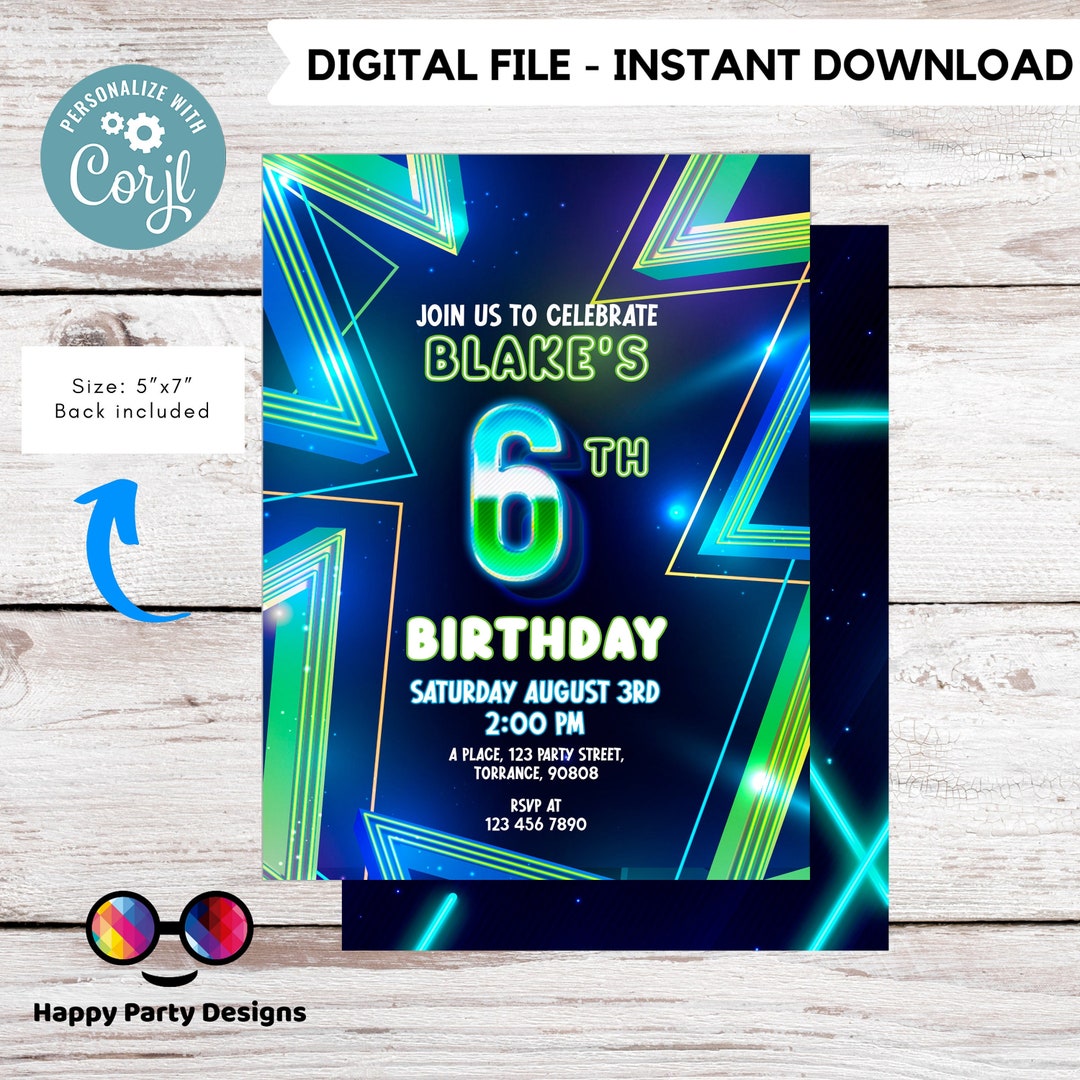 EDITABLE Boy 6th Birthday Invitation | Neon Glow in the Dark Party ...
