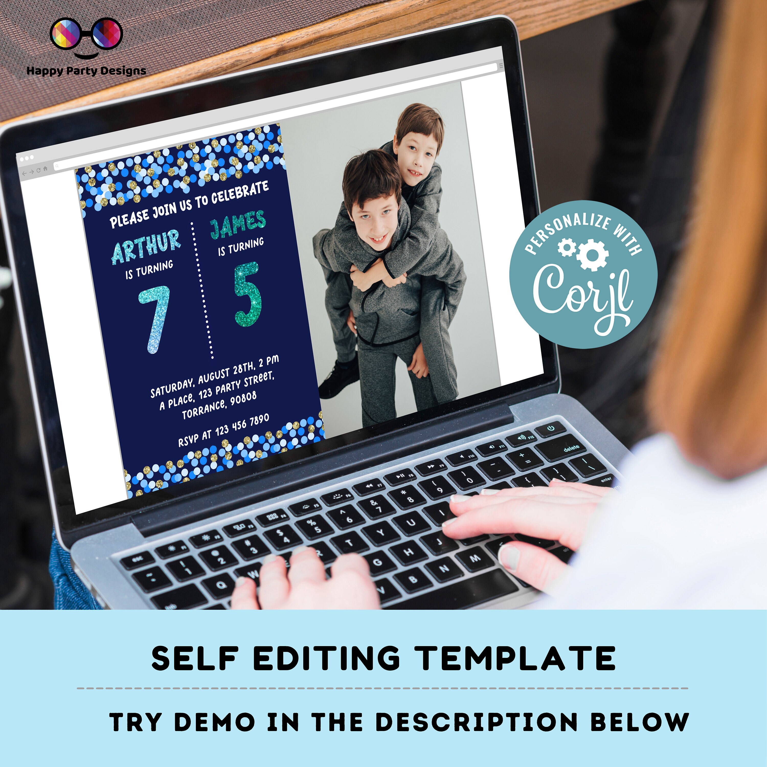 EDITABLE Invitaciones de cumpleaños para hermanos con foto / - Etsy México