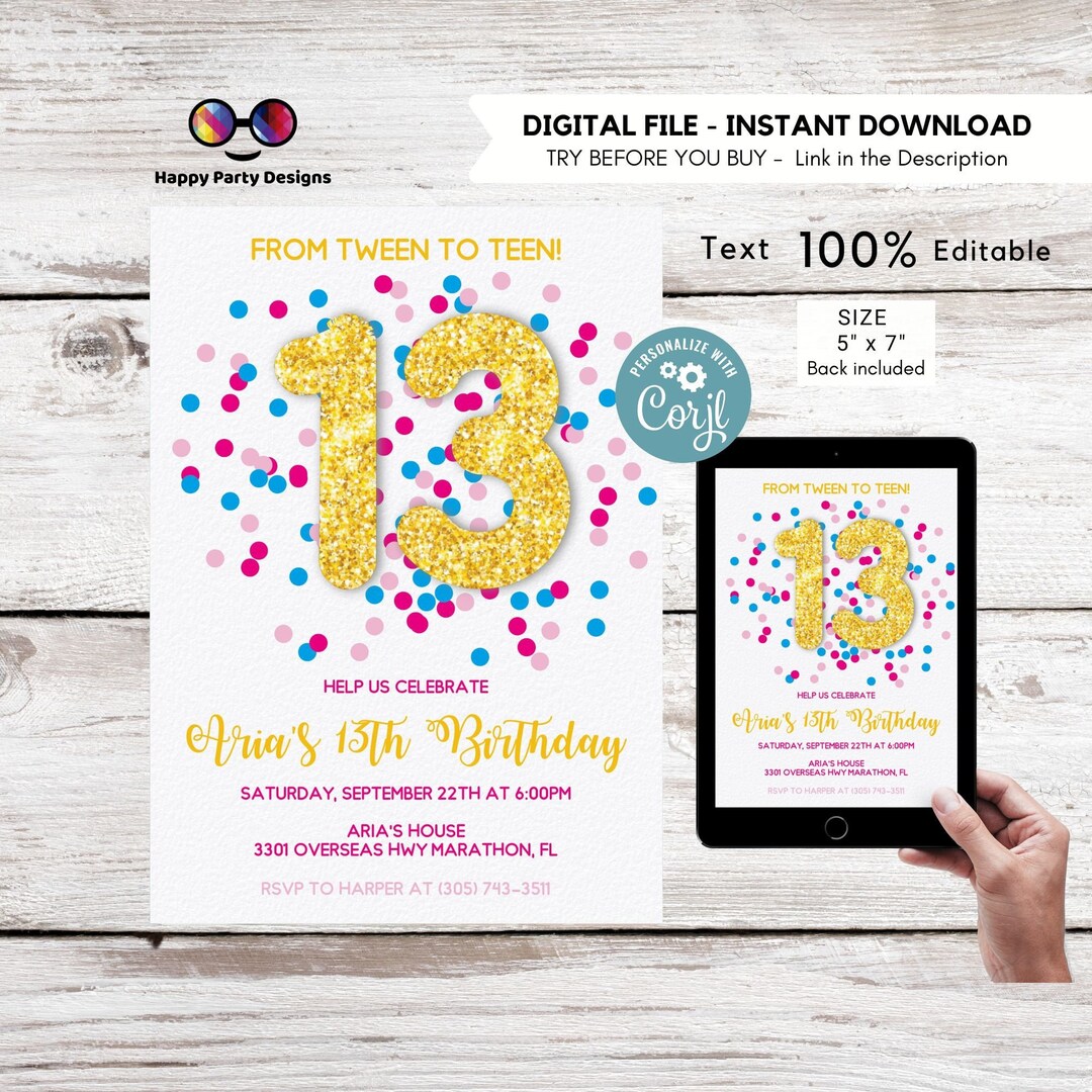 EDITABLE Girl 13th Birthday Invitation | Golden Glitter Party ...