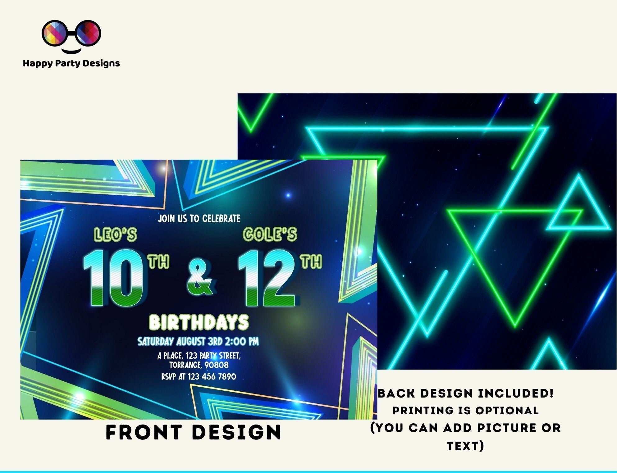 EDITABLE Neon Sibling Birthday Invitations | Any Age! Double Birthday ...