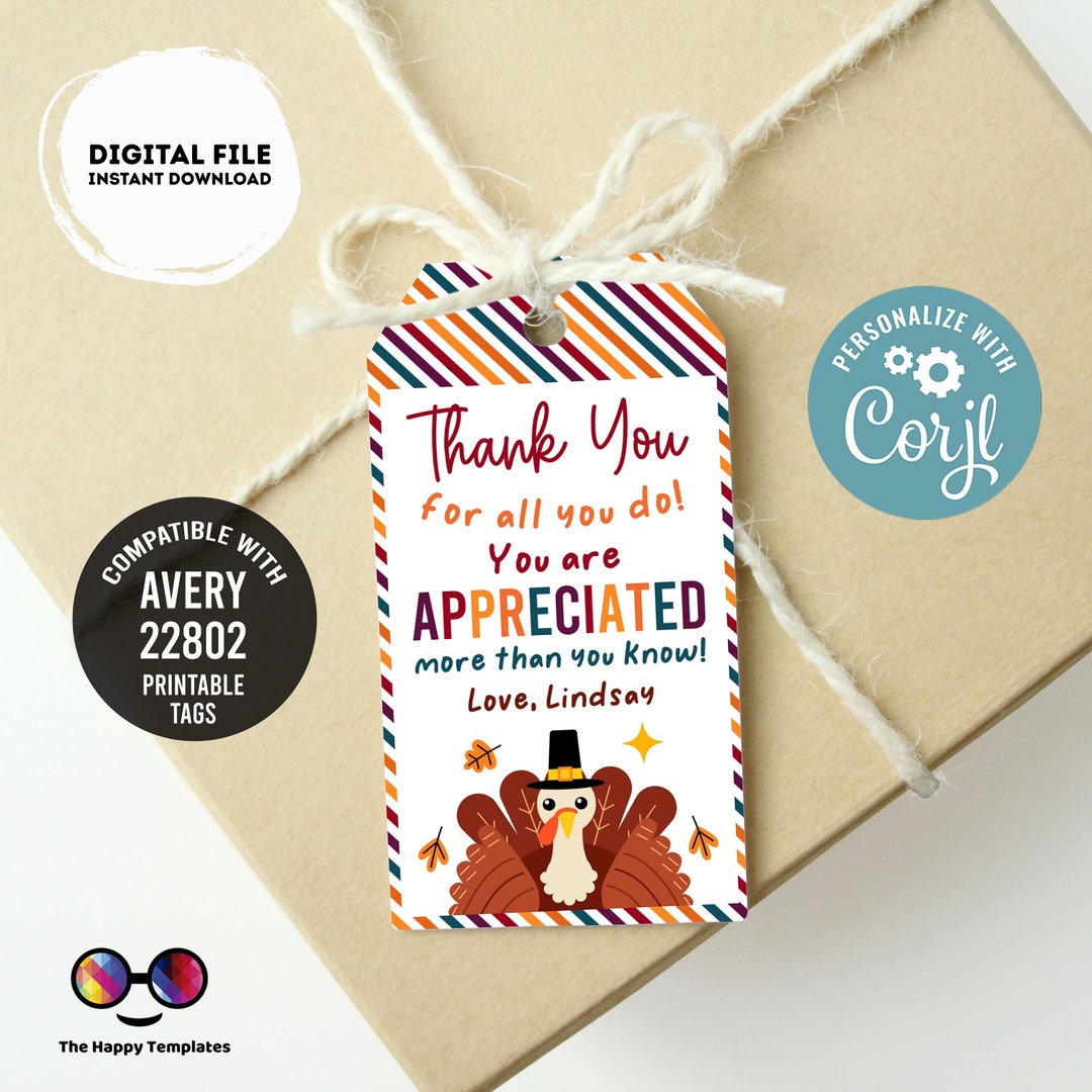 Appreciation Editable Favor Tags | Happy Thanksgiving Thank You Tags ...