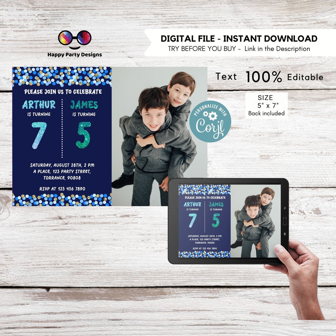 EDITABLE Sibling Birthday Invitations With Photo| Double Birthday ...