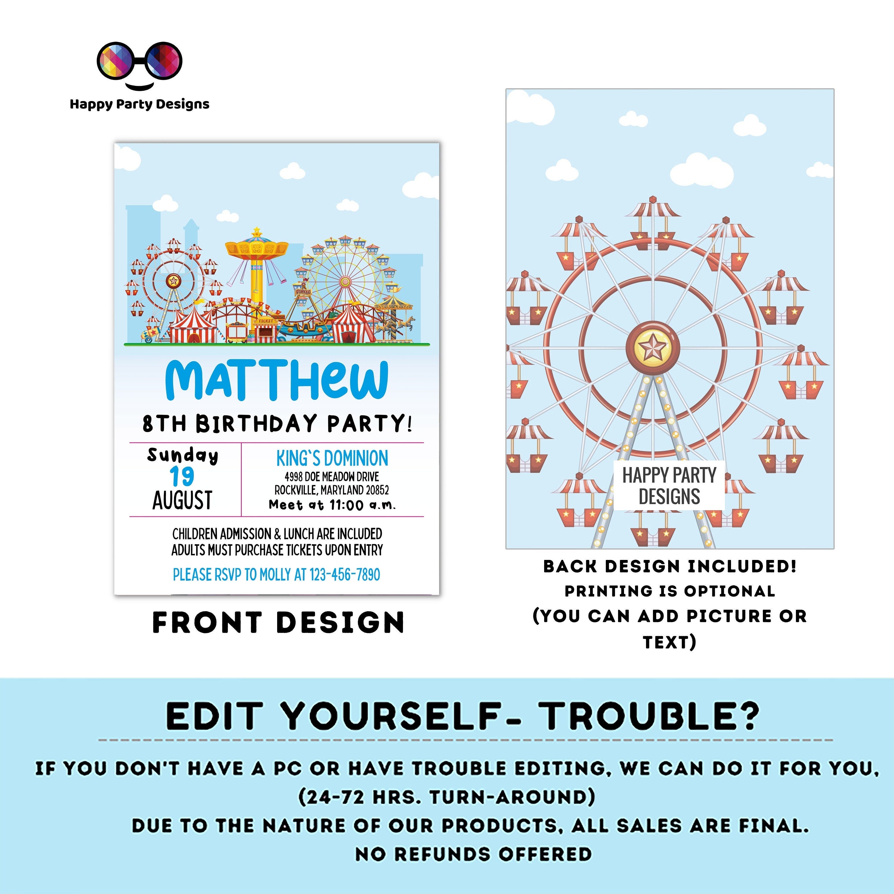 Carnival Birthday Invitation Amusement Park Invitation - Etsy