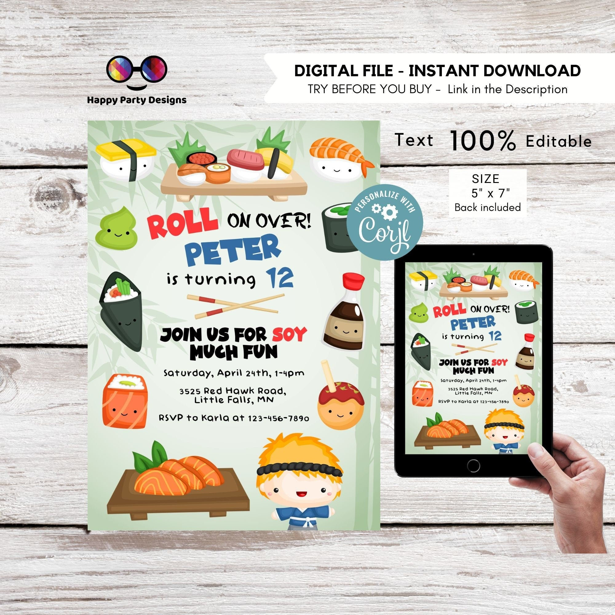 Editable Sushi Birthday Party Invitation | Sushi Invitation | Any Age ...