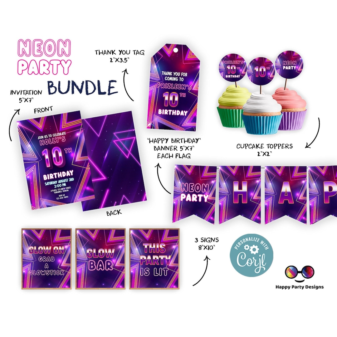 EDITABLE Girl Birthday Invitation Bundle | Neon Glow in the Dark Party ...