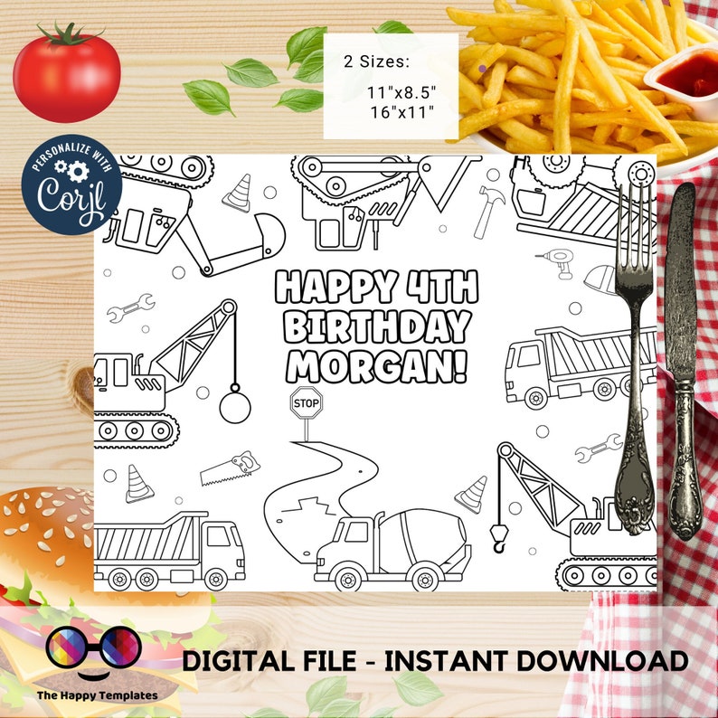 Editable Construction Coloring Page Placemat Coloring Page - Etsy