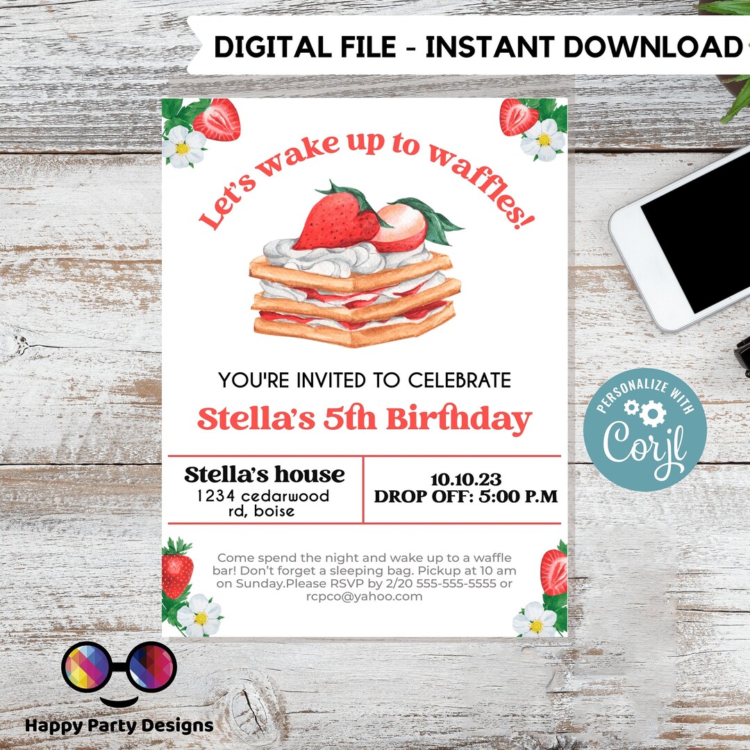 Waffles and Pajamas Party Birthday Invitation | Waffle Party Invite ...