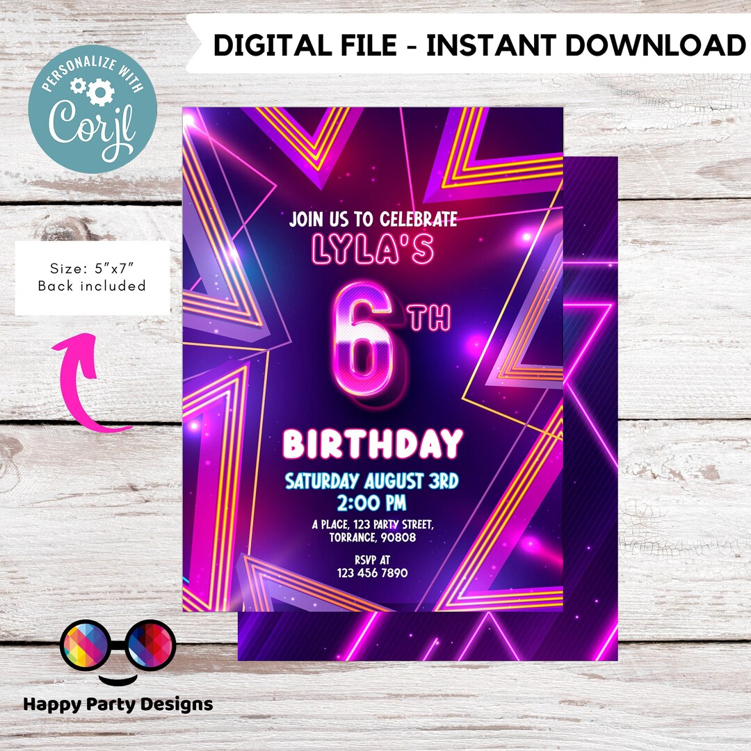 EDITABLE Girl 6th Birthday Invitation | Neon Glow in the Dark Party ...