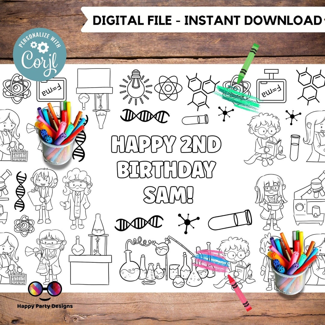 Science Birthday Party XL Coloring Page | Editable Science Birthday ...