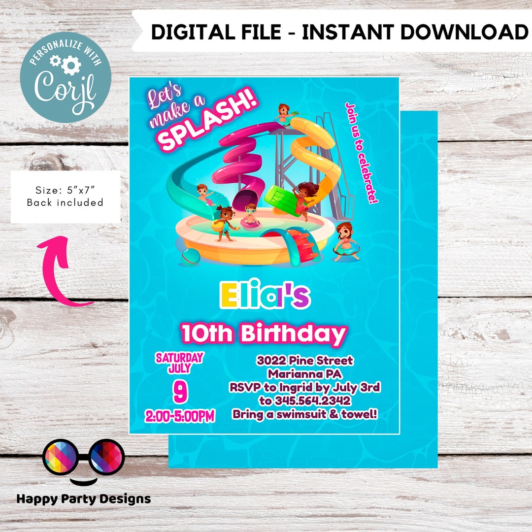 Editable Water Park Birthday Invitation Template | Let's Make a Splash ...