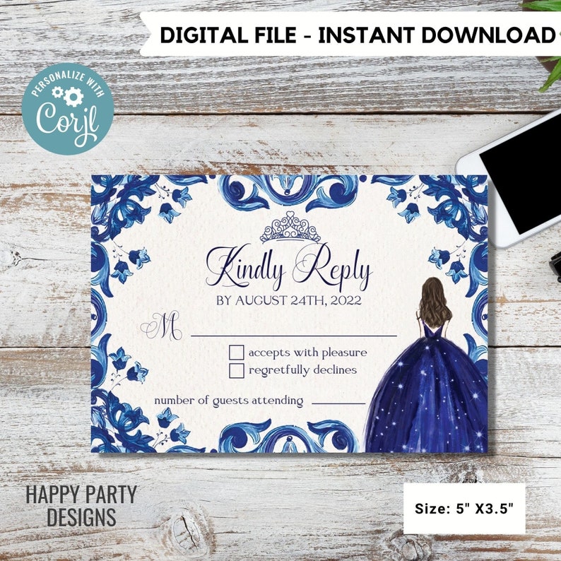 Royal Blue Floral Quinceañera RSVP Card Printable Mis Quince - Etsy