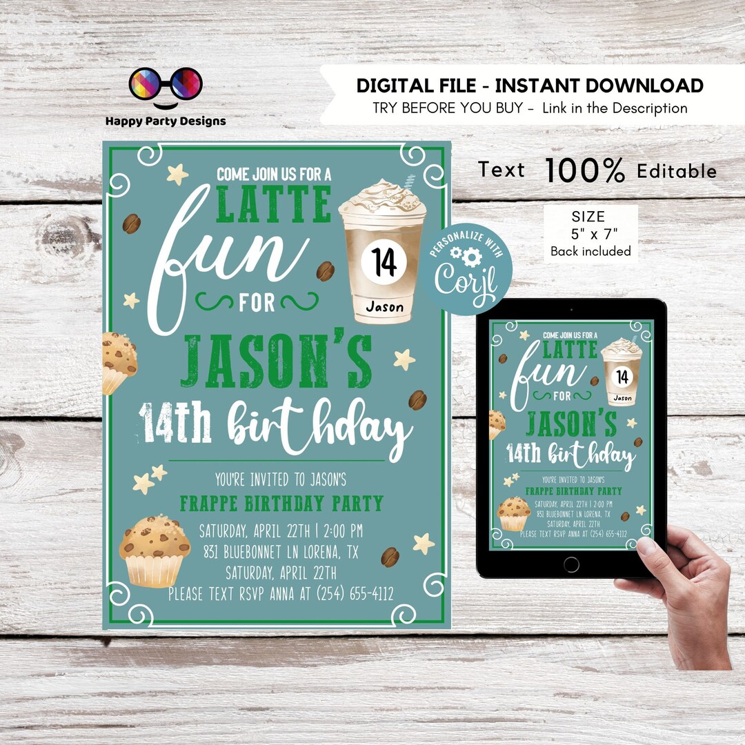 Editable Latte Party Birthday Invitation Coffee Invite Latte Party