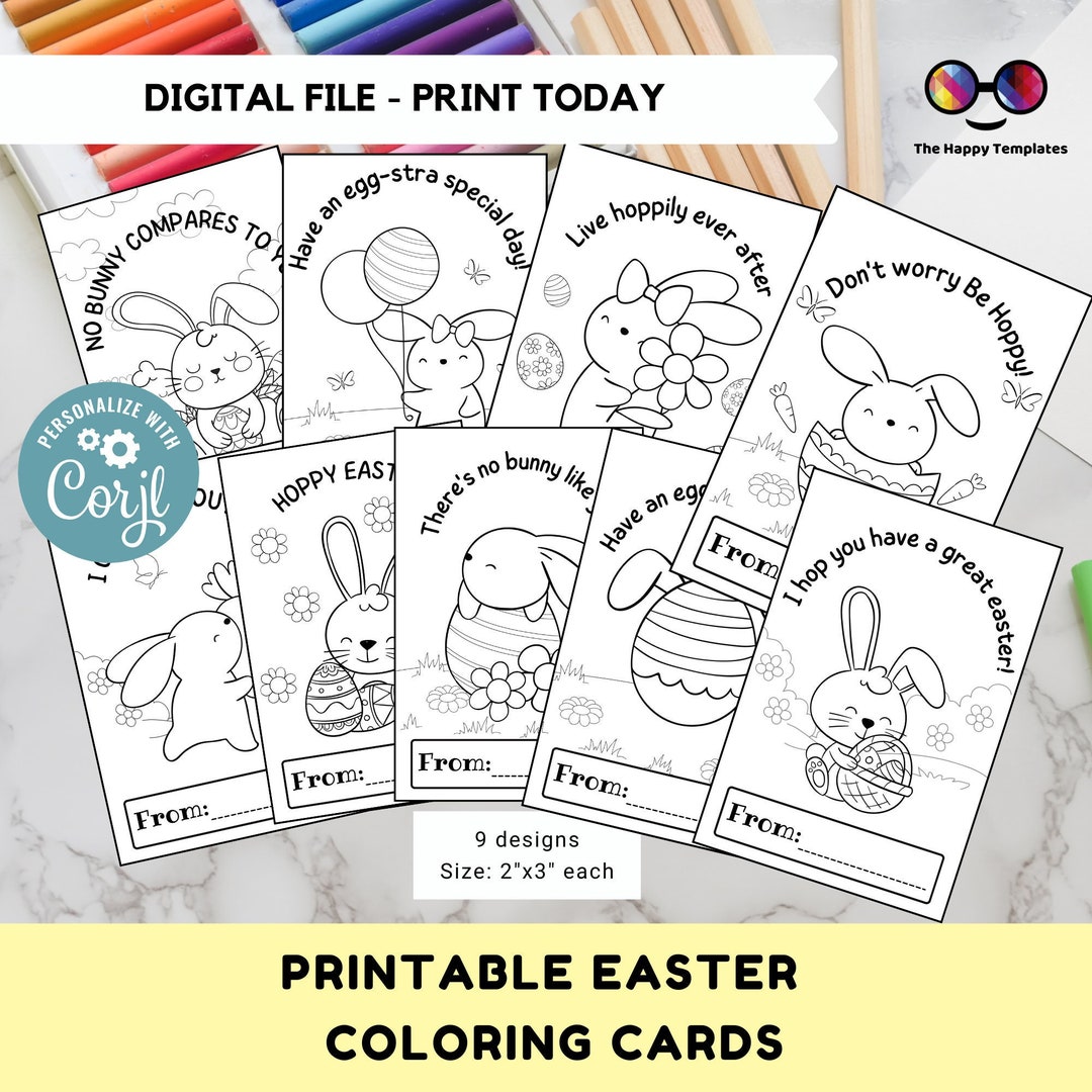 Set of 9 Easter Printable Coloring Cards 2"x 3" Editables | for Kids ...