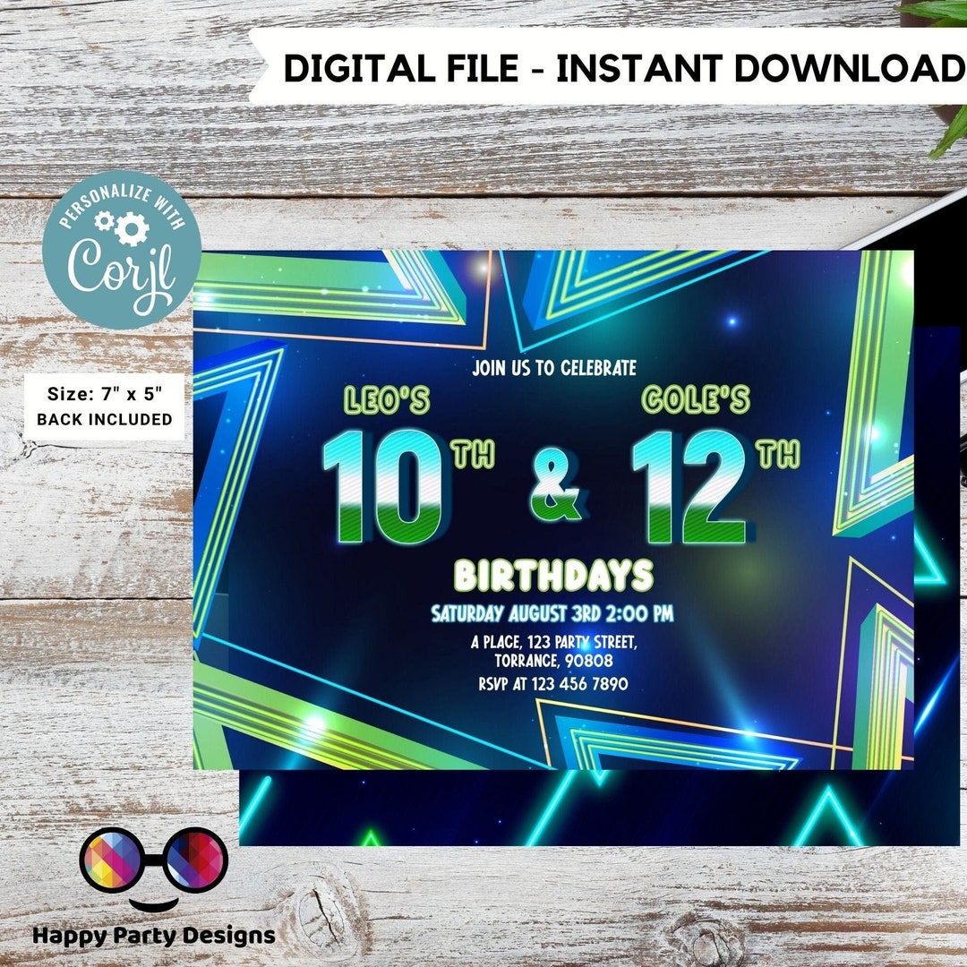 EDITABLE Neon Sibling Birthday Invitations | Any Age! Double Birthday ...