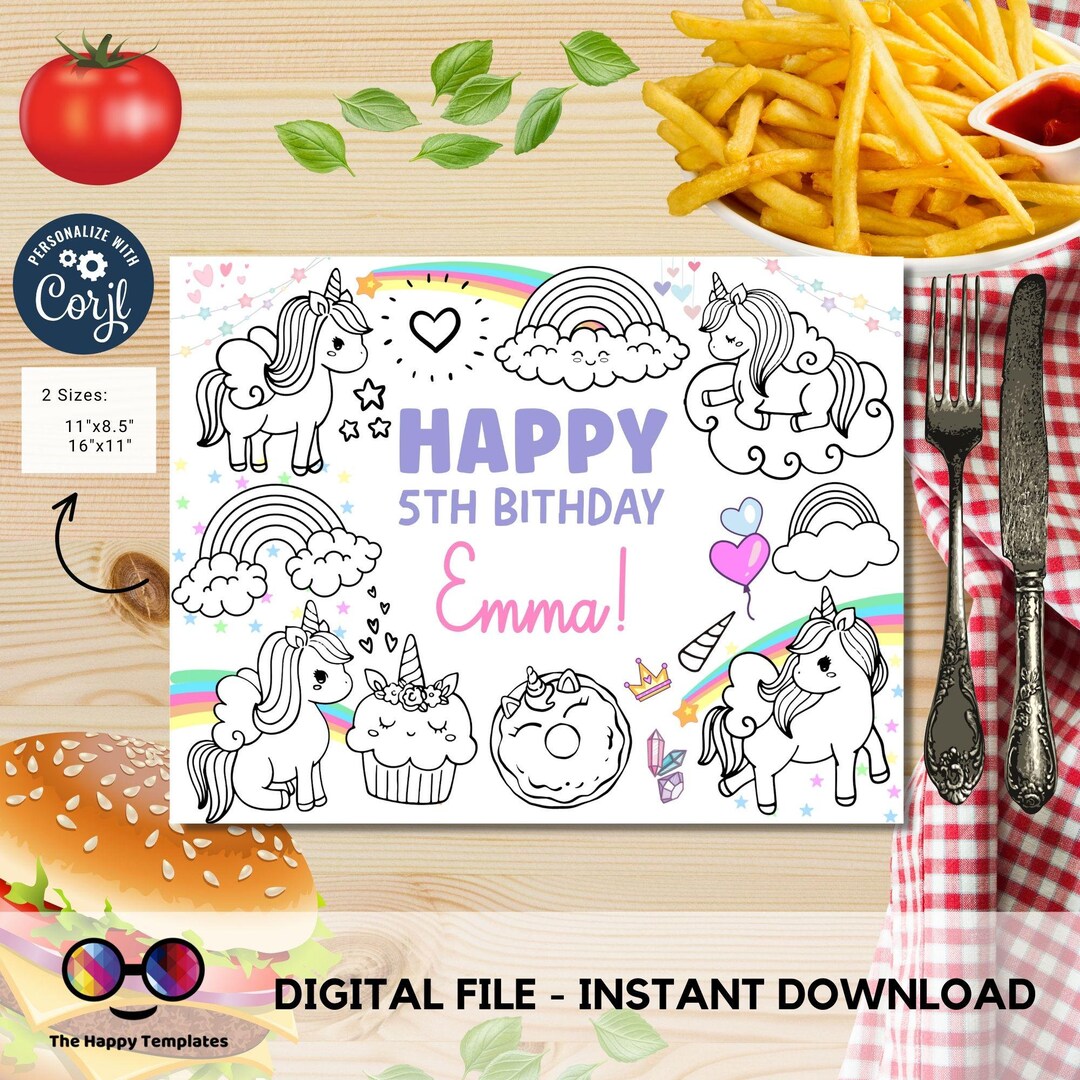 Editable Unicorns Coloring Page With a Pop of Color | Placemat Coloring ...