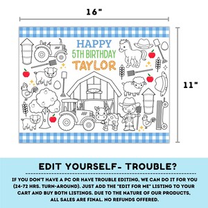 Editable Farm Kids Coloring Page | Farm Birthday Placemat | Any Age ...