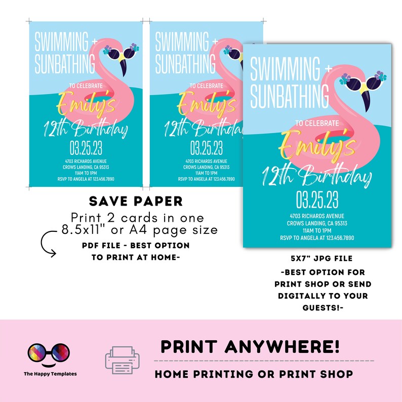 Editable Pool Party Birthday Invitation Template | Flamingo | Summer ...