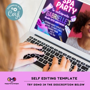 Editable Neon Spa Party With Photo | Girls Spa Birthday Party Editable ...