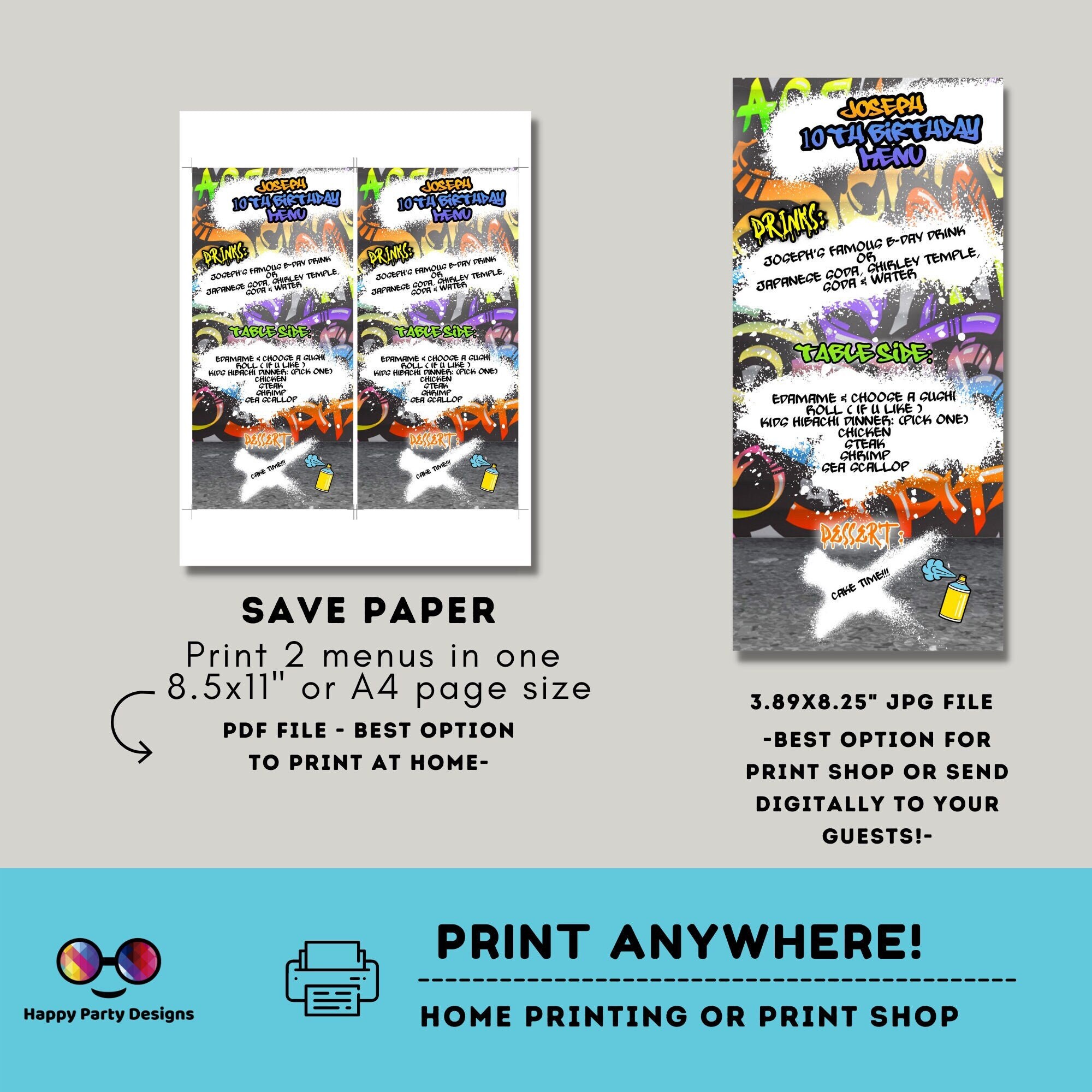 Editable Graffiti Menu | Digital Graffiti Printable Menu | Birthday Boy ...