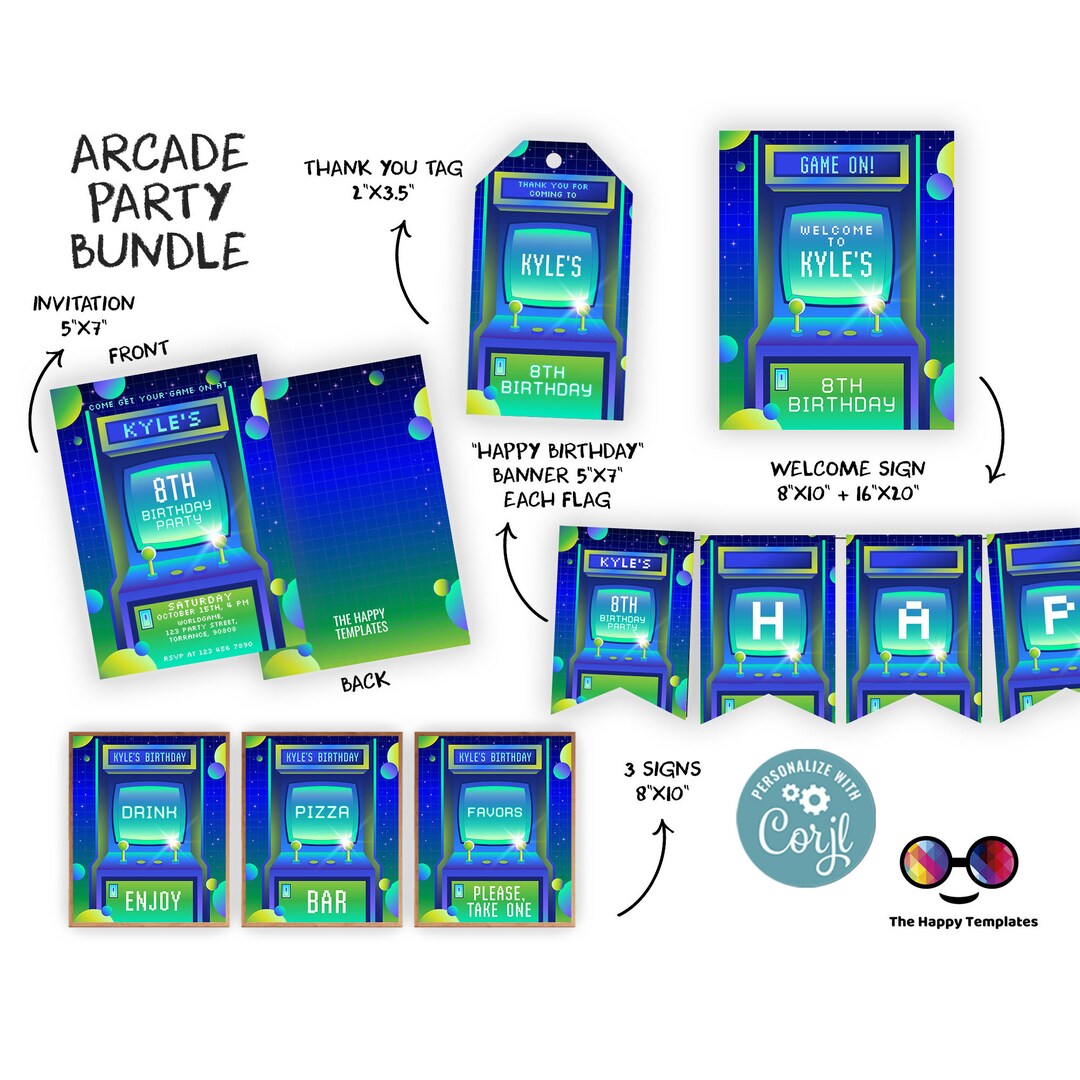 Editable Arcade Birthday Invite Bundle Template | Printable Neon Arcade ...