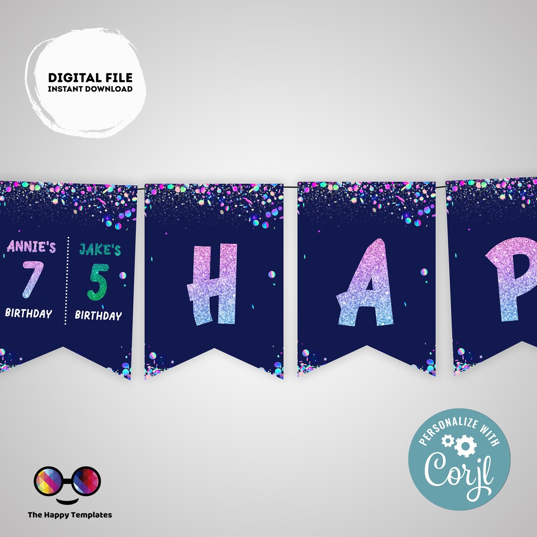 Editable Happy Birthday Glitter Banner | Siblings Birthday Banner ...