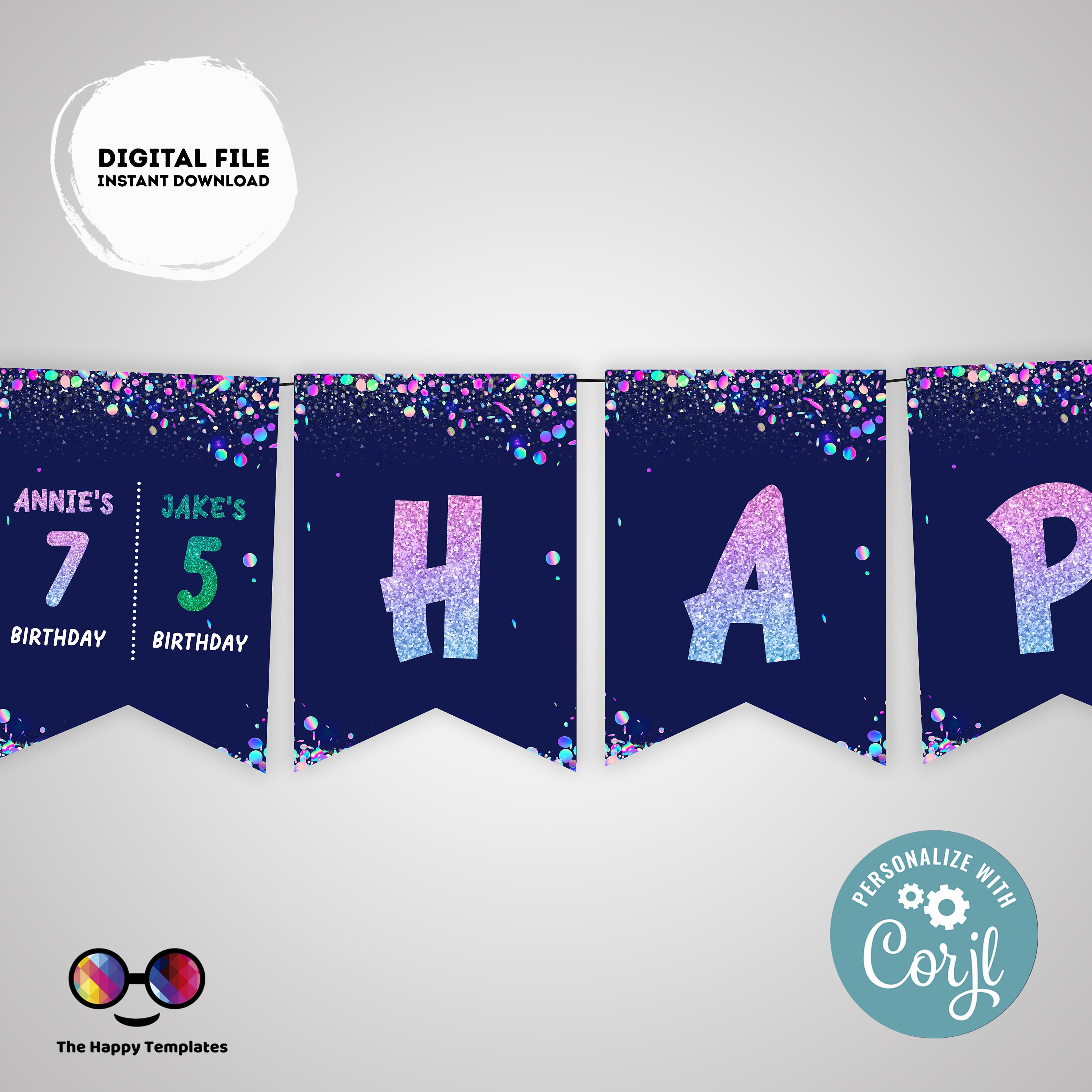 Editable Happy Birthday Glitter Banner Siblings Birthday - Etsy
