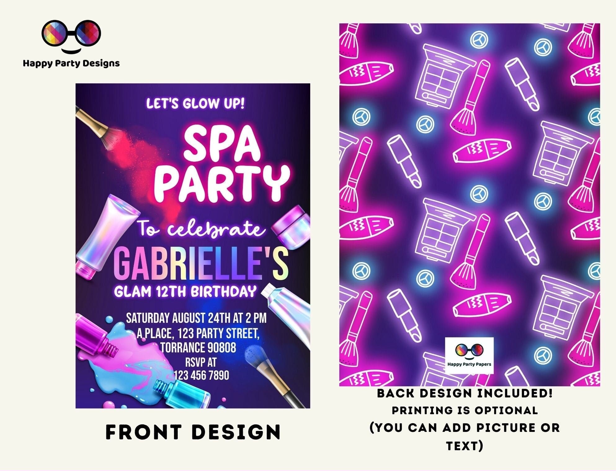 Editable Neon Spa Party Girls Spa Birthday Party Invitation - Etsy