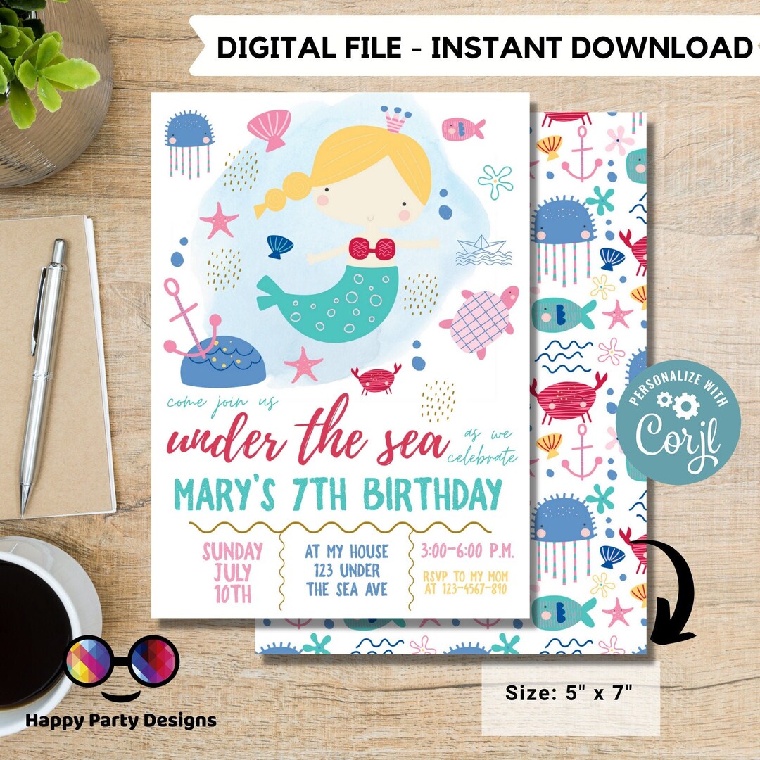EDITABLE Mermaid Birthday Invitation Girl Birthday Mermaid Birthday ...