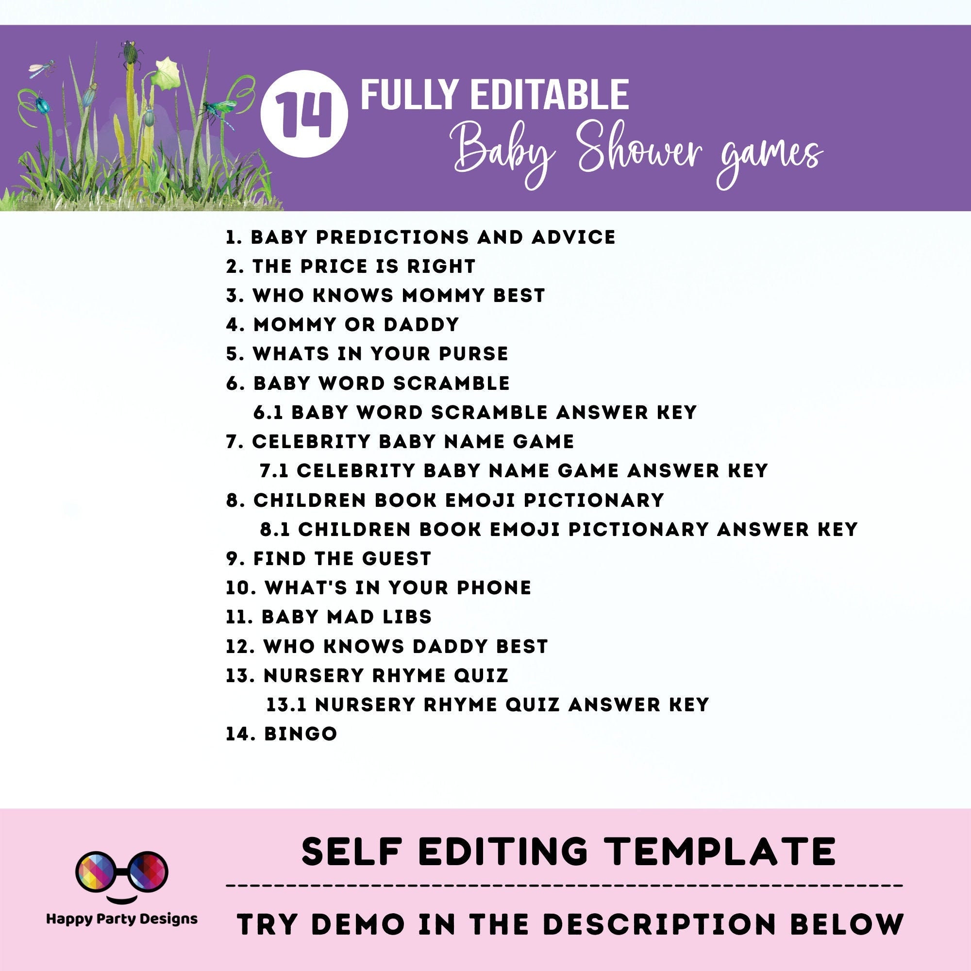 Editable Bugs Games Bundle | Bugs Baby Shower Games | Baby Girl ...