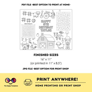 Editable Farm Kids Activity Coloring Page | Farm Birthday Placemat ...