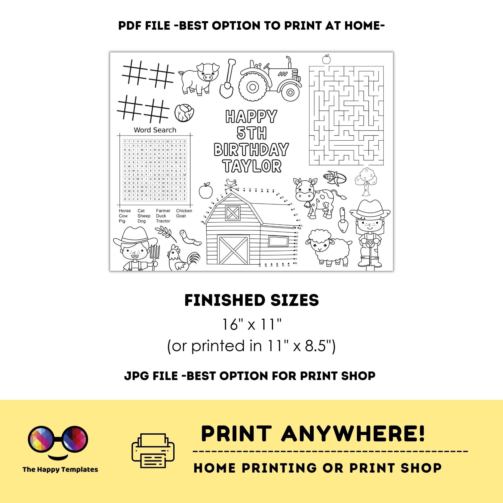 Editable Farm Kids Activity Coloring Page | Farm Birthday Placemat ...