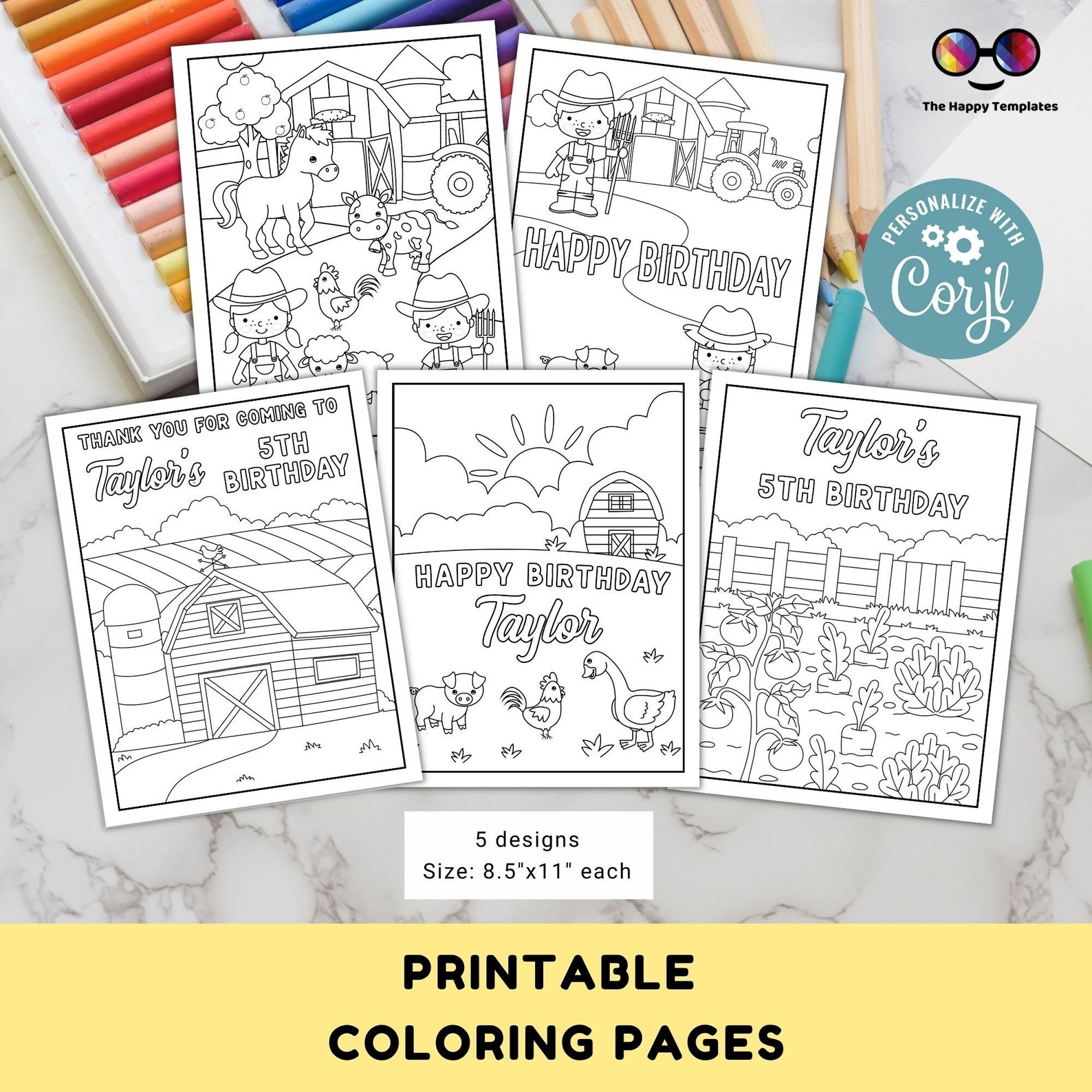 Editable Farm Kids Coloring Page | 5 Designs | Farm Birthday Placemat ...