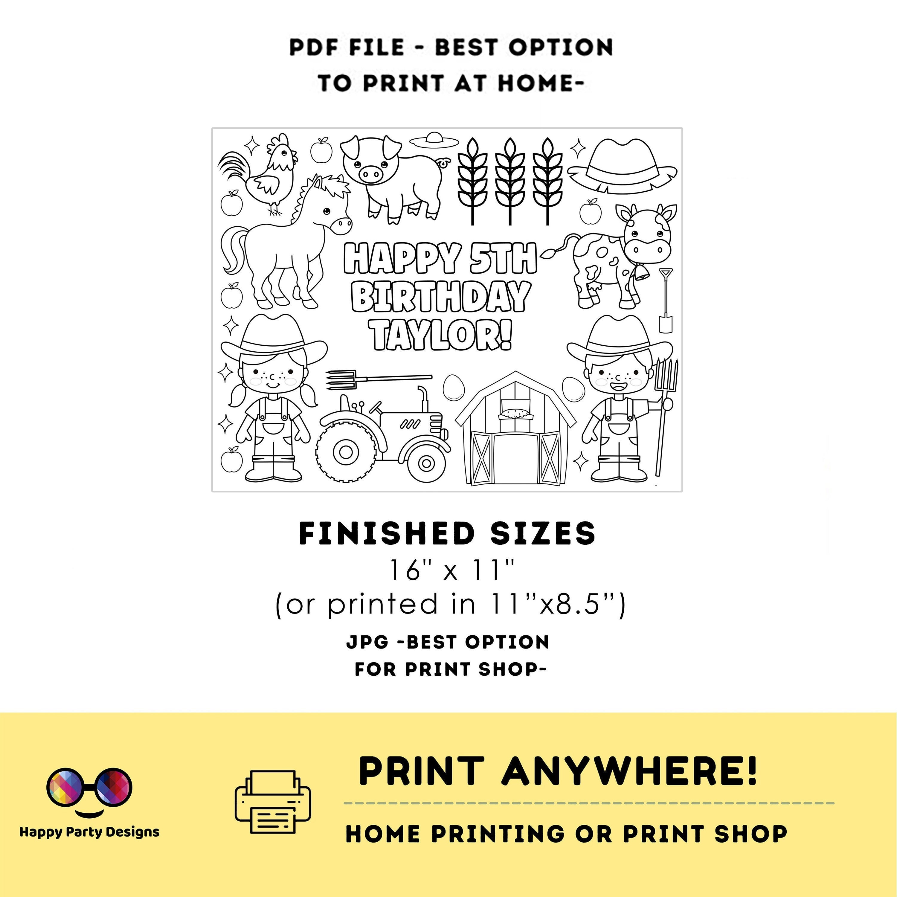 Editable Farm Kids Coloring Page | Farm Birthday Placemat | Any Age ...
