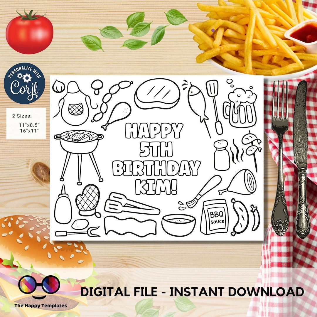 Editable Bbq Party Coloring Page | Placemat Coloring Page | Text 100% ...