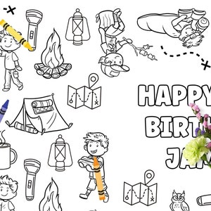 Camping XL Coloring Table Runner | Editable Camping Birthday Coloring ...
