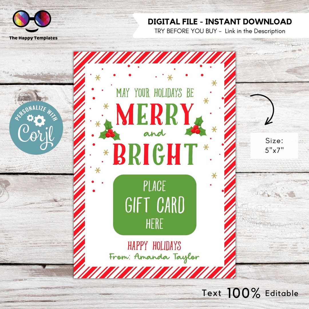 EDITABLE Merry and Bright Gift Card Holder | Christmas Gift Card Holder ...