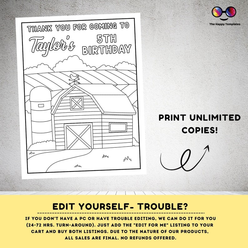 Editable Farm Kids Coloring Page | 5 Designs | Farm Birthday Placemat ...