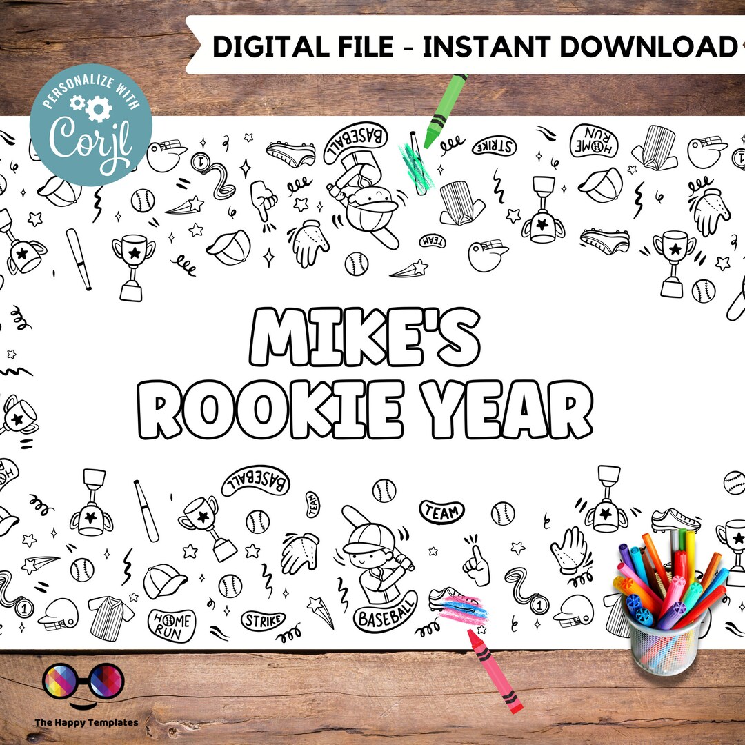 Rookie of the Year Party XL Coloring Table Runner Editable Baseball ...