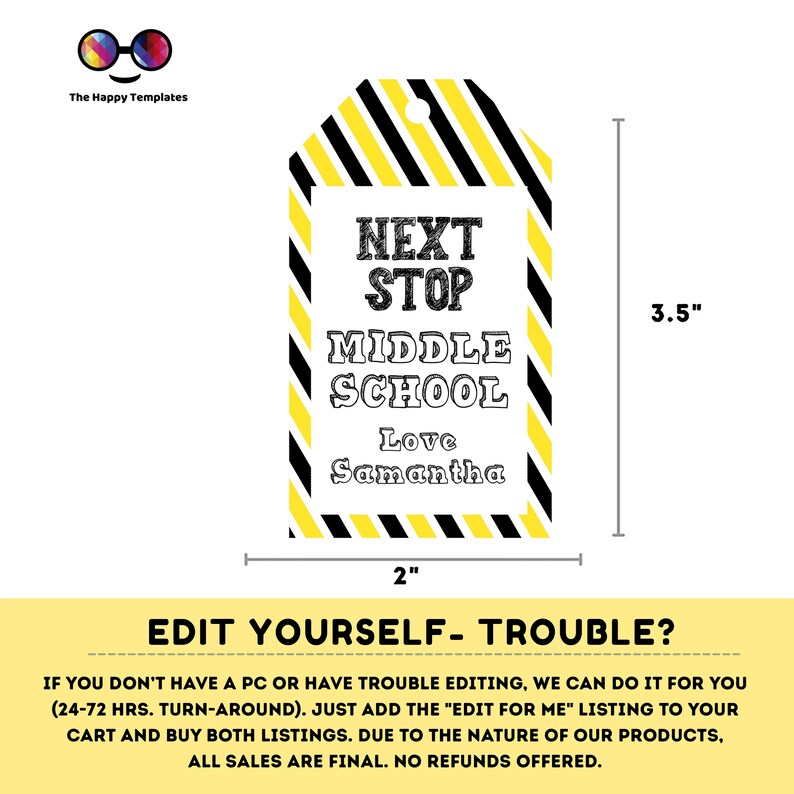 Editable Next Stop Middle School Cards Tags | School Gift Tags | Last ...