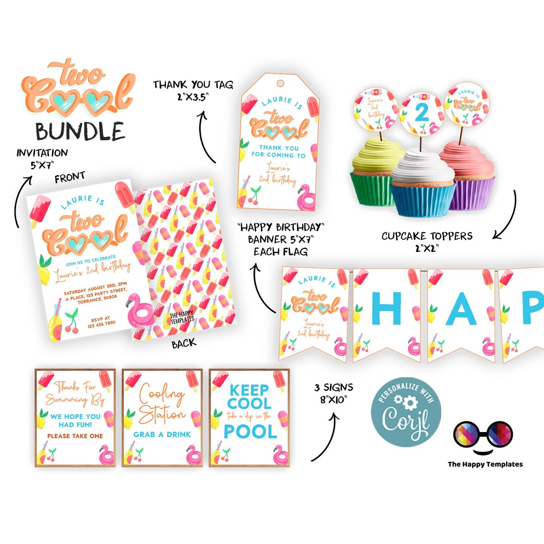 Two Cool Birthday Invitation Bundle | Summer Party | Two Cool Party ...
