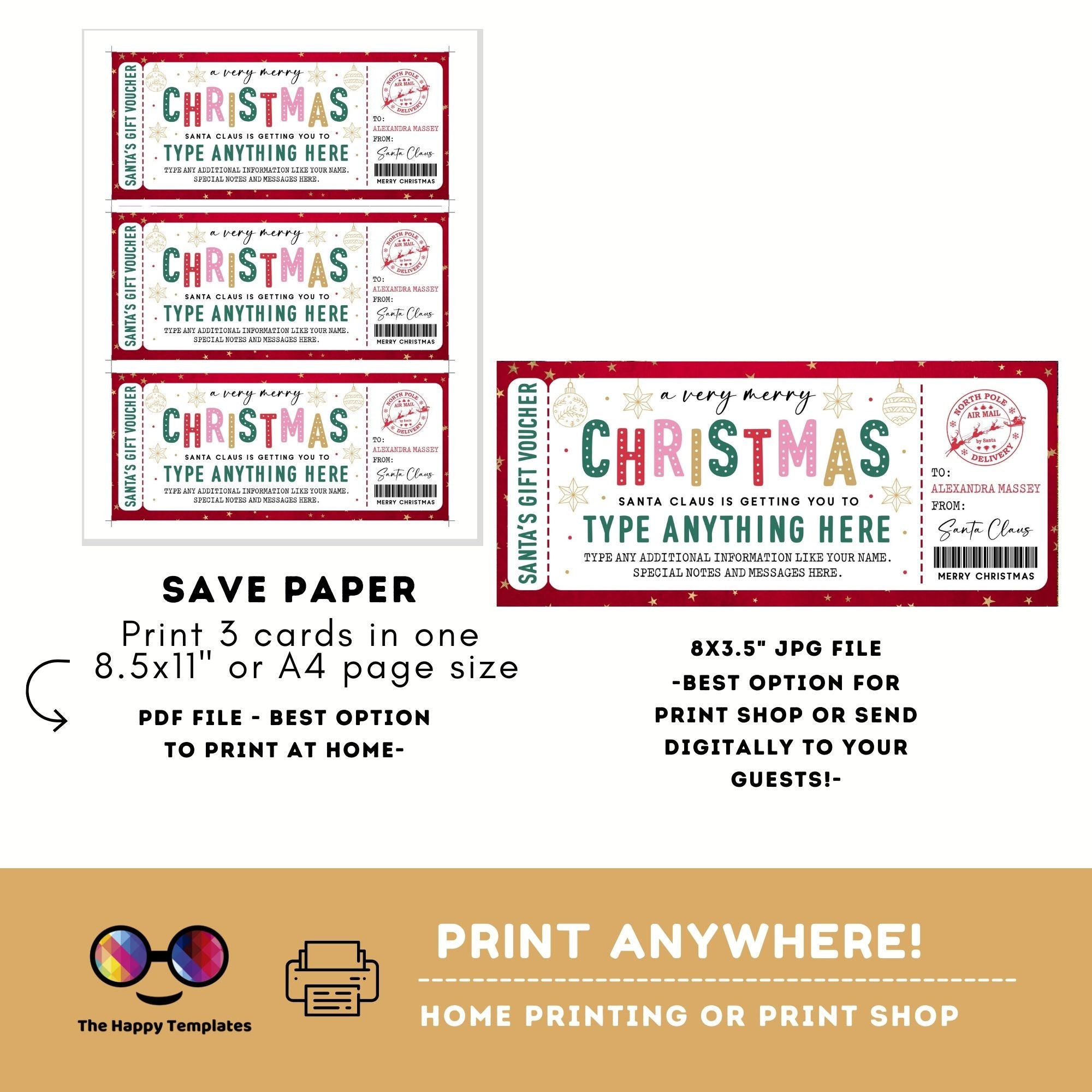 Christmas Ticket Template | Gift Voucher | Santa Gift | Editable ...