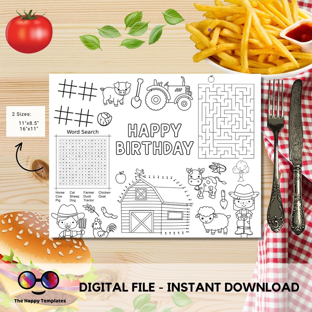 Farm Kids Activity Coloring Page | Farm Birthday Placemat | Instant ...